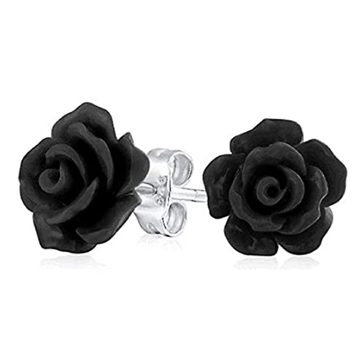 XChuyinie Tiny Floral Earrings 3D Carved Rose Flower Stud Earrings For Women Resin Silver Plated Brass 10mm(Multiple Colors Available)(Black)