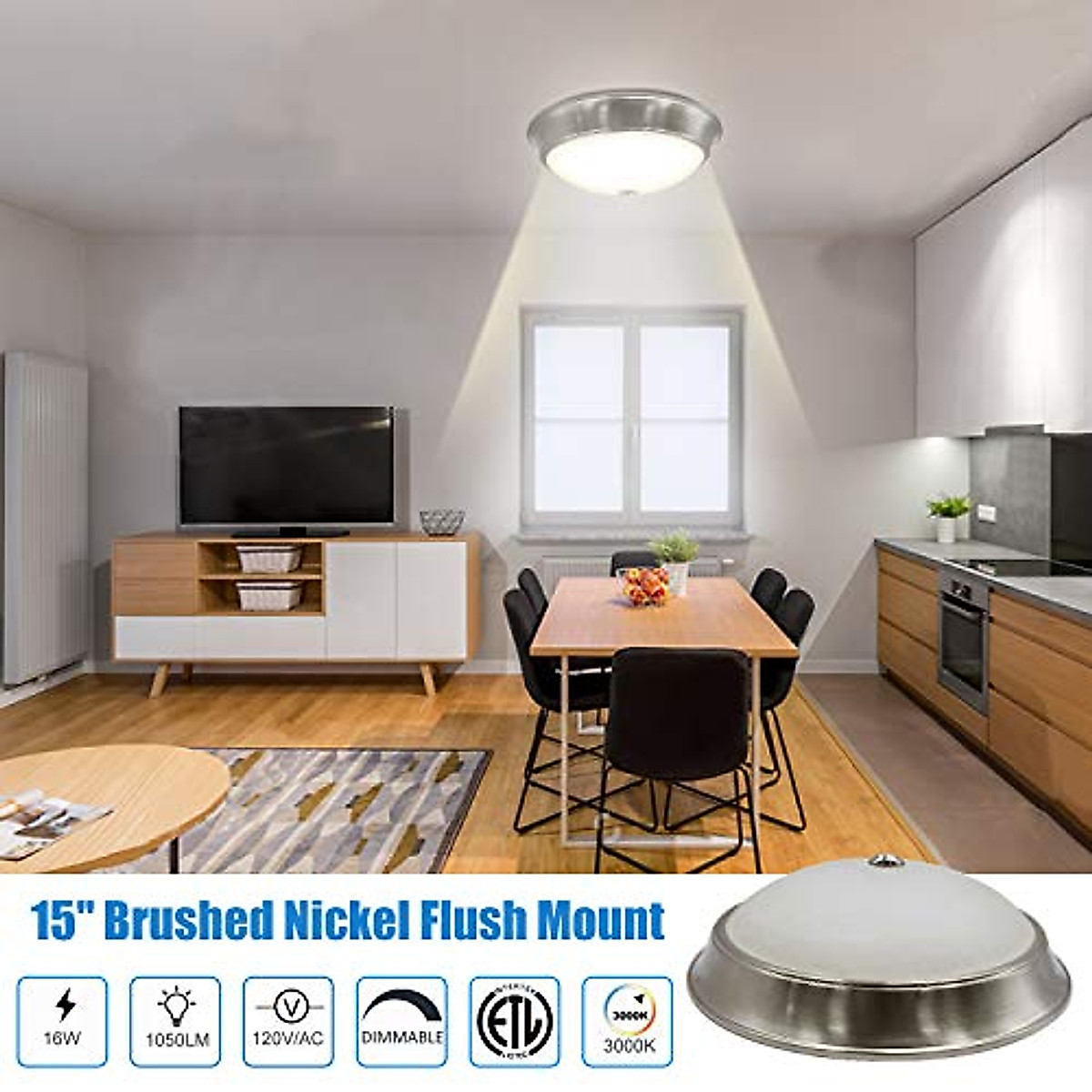MingBright 15 inch LED Flush Mount Ceiling Light Fixture with Alabaster Glass Shade 16W 1050LM 3000K Warm White Dimmable Damp Location Use Ceiling Lamp for Living Room, Bathroom