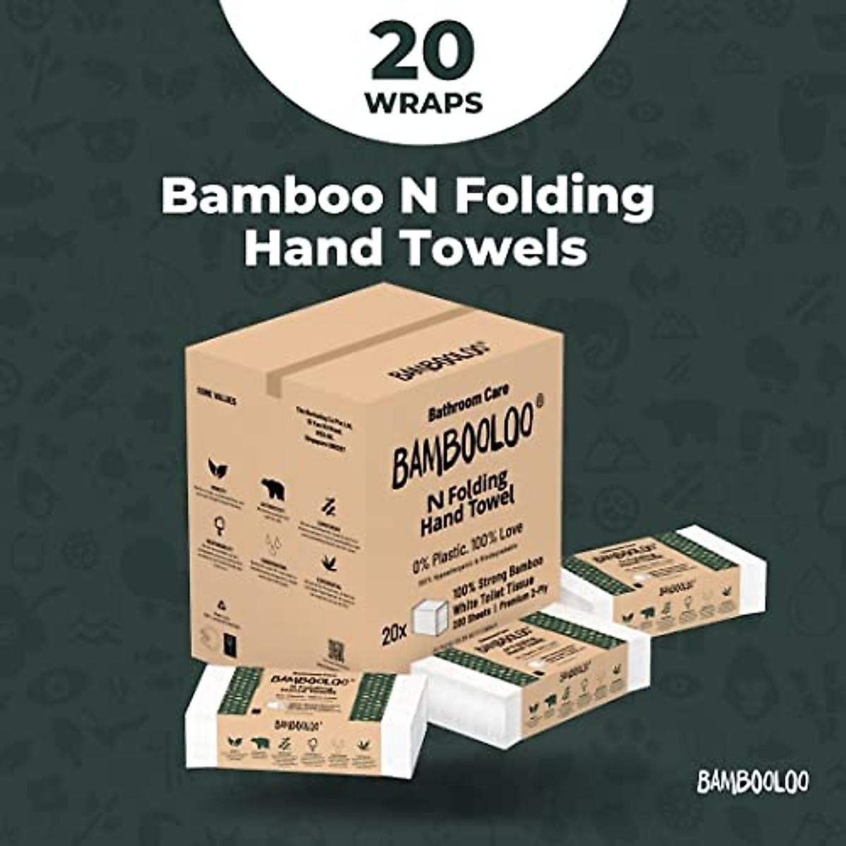 Bambooloo 100% Bamboo Paper Towels, Dispenser Ready N-Folding Disposable Hand Towels for Bathroom, Planet-Friendly Plastic-Free Commercial Paper Towels Bulk, 4000 Napkins, 20 Wraps, 200 Sheets Each