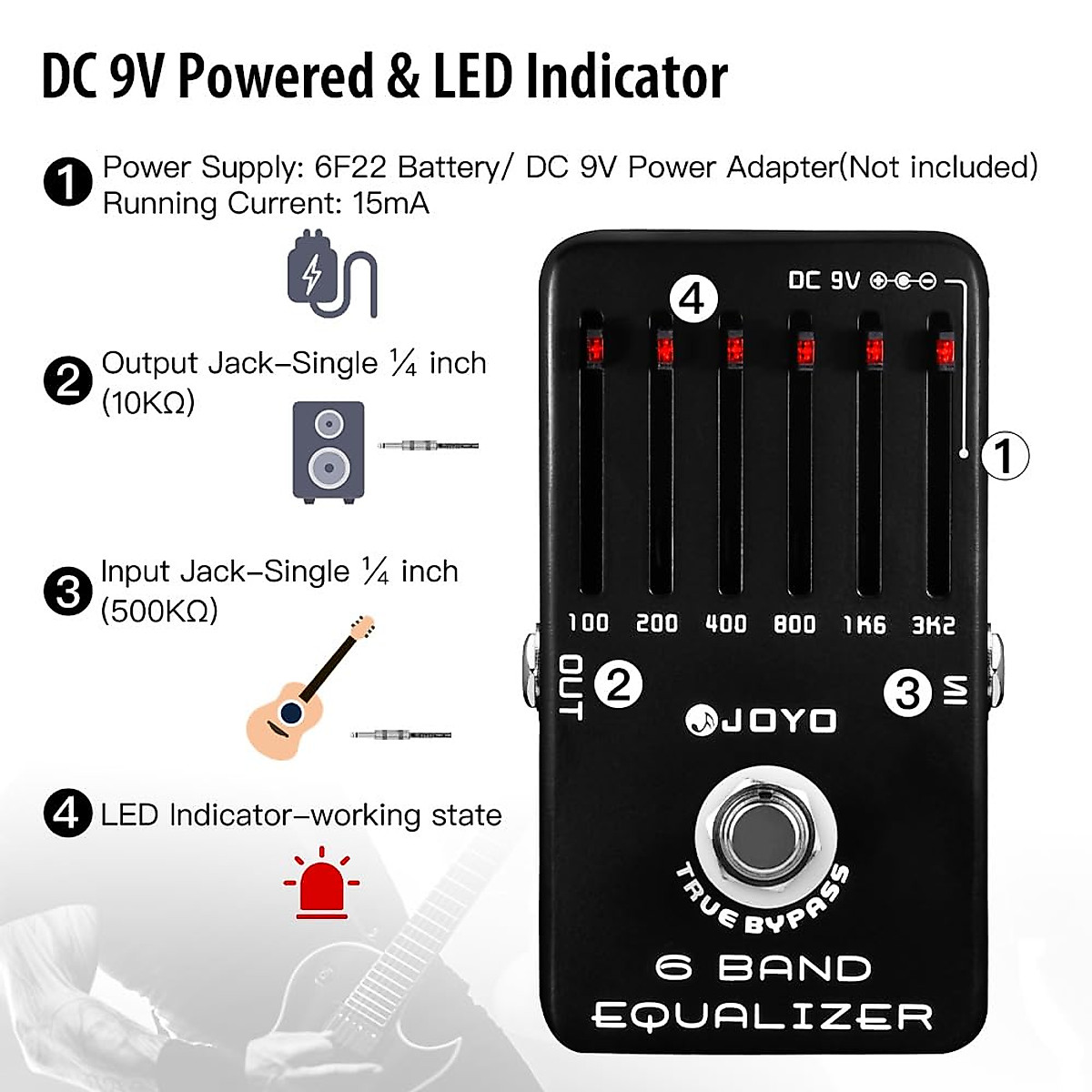 JOYO 6-Band EQ Pedal Electric Guitar Equalizer (100Hz 200Hz 400Hz 800Hz 1.6kHz 3.2kHz) Provides ±18dB for Each Band (JF-11)