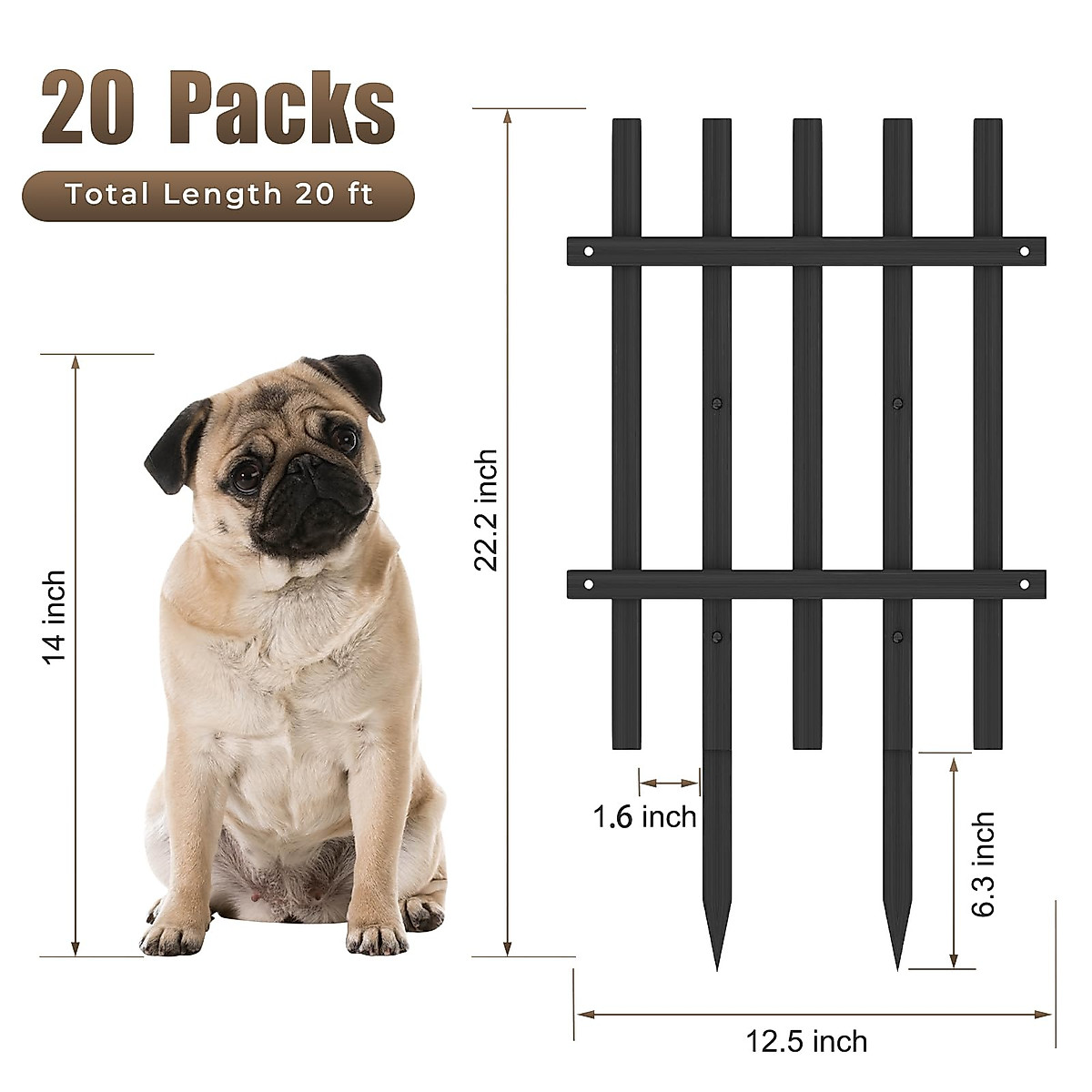 Decorative Garden Fence 20 Pack Animal Barrier Fencing with 6 Green Leaves 20.8 ft (L) x 22.2 in (H) Bamboo Fences Garden Edging Border for Small Dog Rabbit Yard Patio, Black