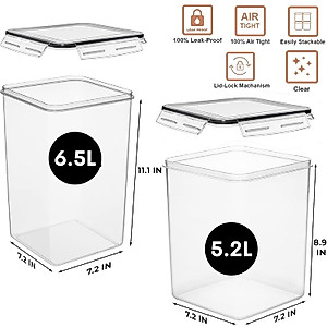 XXL 6.5L / 250 Oz x 2 & XL 5.2L / 175 Oz x 2 - WIDE & DEEP Food Storage Airtight Containers [Set of 4] + Free 4 Measuring Cups + Labels - Ideal for Sugar, Flour Leakproof BPA Free Clear Plastic