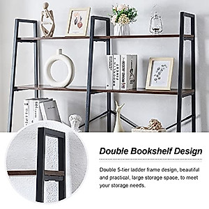HOMBAZAAR Bookshelf, 5-Tier Industrial Bookshelf, Wide Double Ladder Bookcase Wood and Metal Bookshelves for Home Office Living Room,Brown