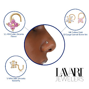 Lavari Jewelers 22 Gauge Curved Screw White Butterfly Pink Flower Nose Ring Set for Women in 14k Yellow Gold Piercing Jewelry Set