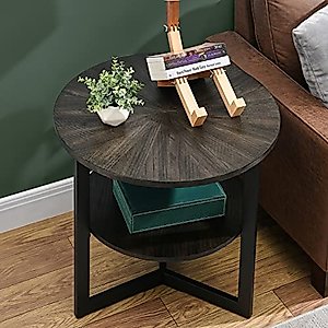 MODERION Large Round End Table with Storage Shelf, Rustic Circular Sofa Side Black Metal Legs, Solid Wood Nightstand, Telephone for Living Room, Bedroom, 25.2''D x 24''H Brushed CJZ1338BK