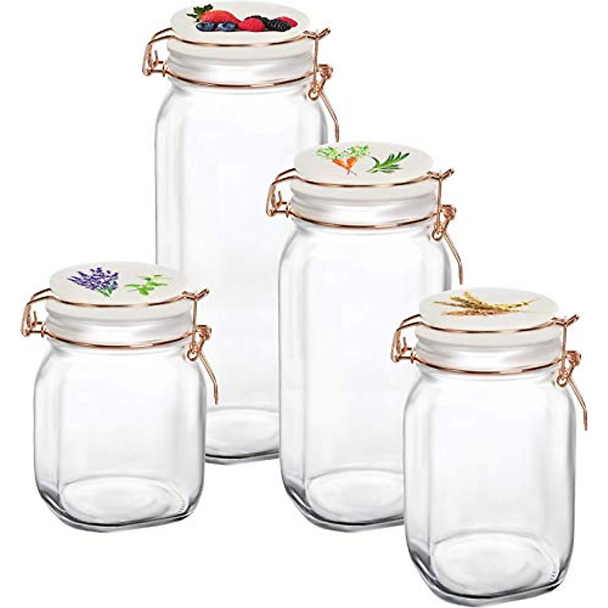 Circleware Vegetable Decal Glass Canisters Shaped with Ceramic Lids, Set of 4 Kitchen Glassware Food Beverage Preserving Containers for Coffee, Sugar, Tea, Spices, Cereal, 66 oz, 49 oz, 30 oz, 22 oz