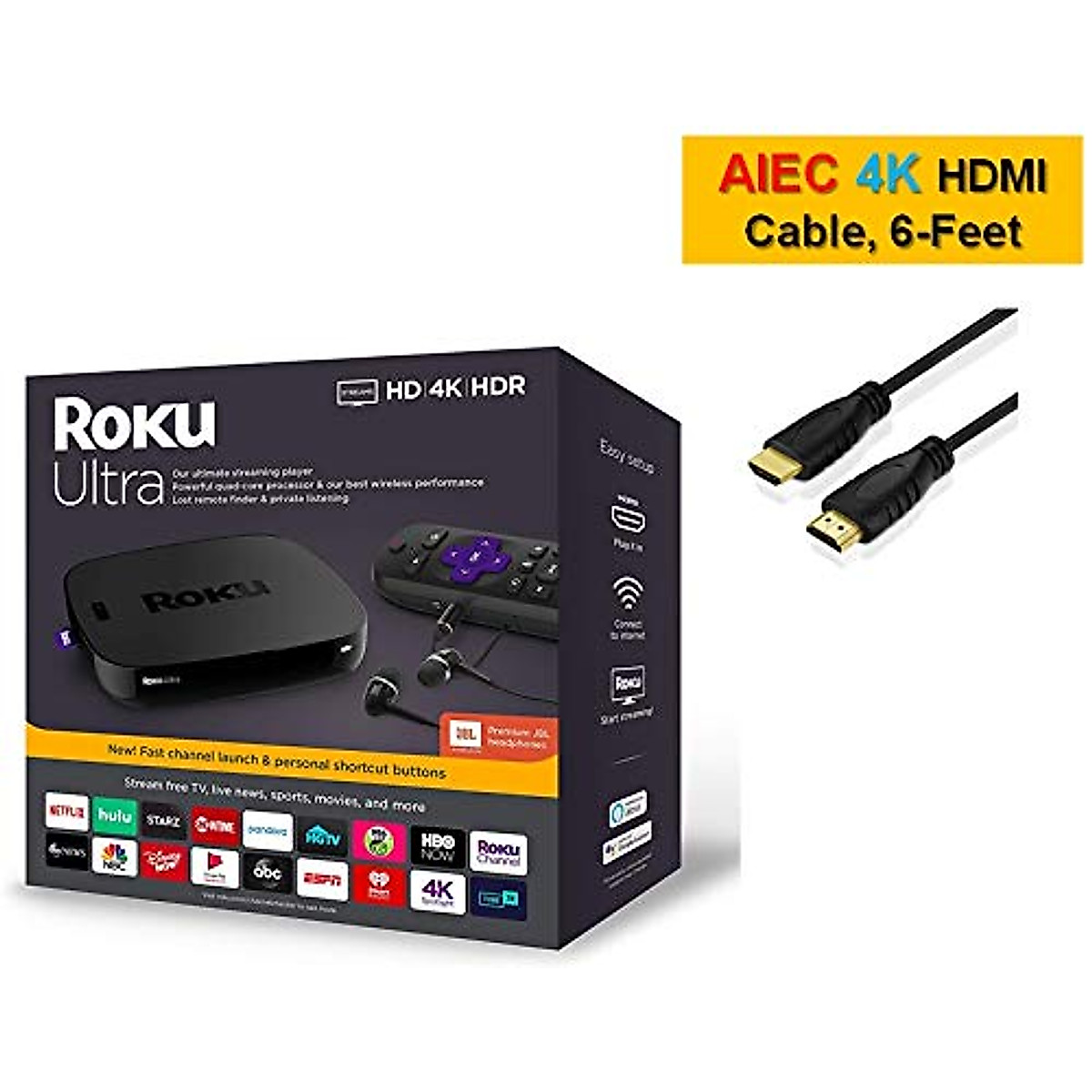Roku Ultra Streaming Media Player 4K/HD/HDR | Premium JBL Headphones | Enhanced Voice Remote with TV Controls and Shortcuts | HDMI, Ethernet, and Micro SD Ports | 4K HDMI Cable Bundle
