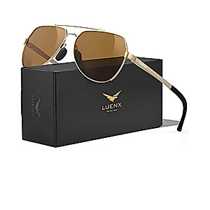 LUENX Men Women Aviator Sunglasses Polarized Shades Flexible Spring Hinge - Brown Lens Gold Metal Frame Large 60mm
