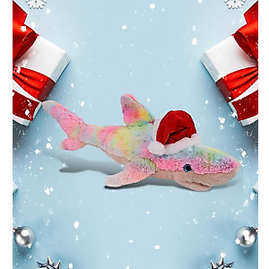 DolliBu Santa Large Rainbow Shark Stuffed Animal Plush Toy - Wild Animal Dress Up with Red Santa Claus Hat, Cute Wildlife Gift, Perfect Holiday with Name Personalization - 23 Inches