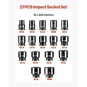 VEVOR Impact Socket Set 3/4 Inches 21 Piece Standard Impact Sockets, Socket Assortment 3/4 Inches Drive Socket Set Impact Standard SAE Sizes 3/4 Inches to 2 Inches Includes Adapters and Ratchet Handle