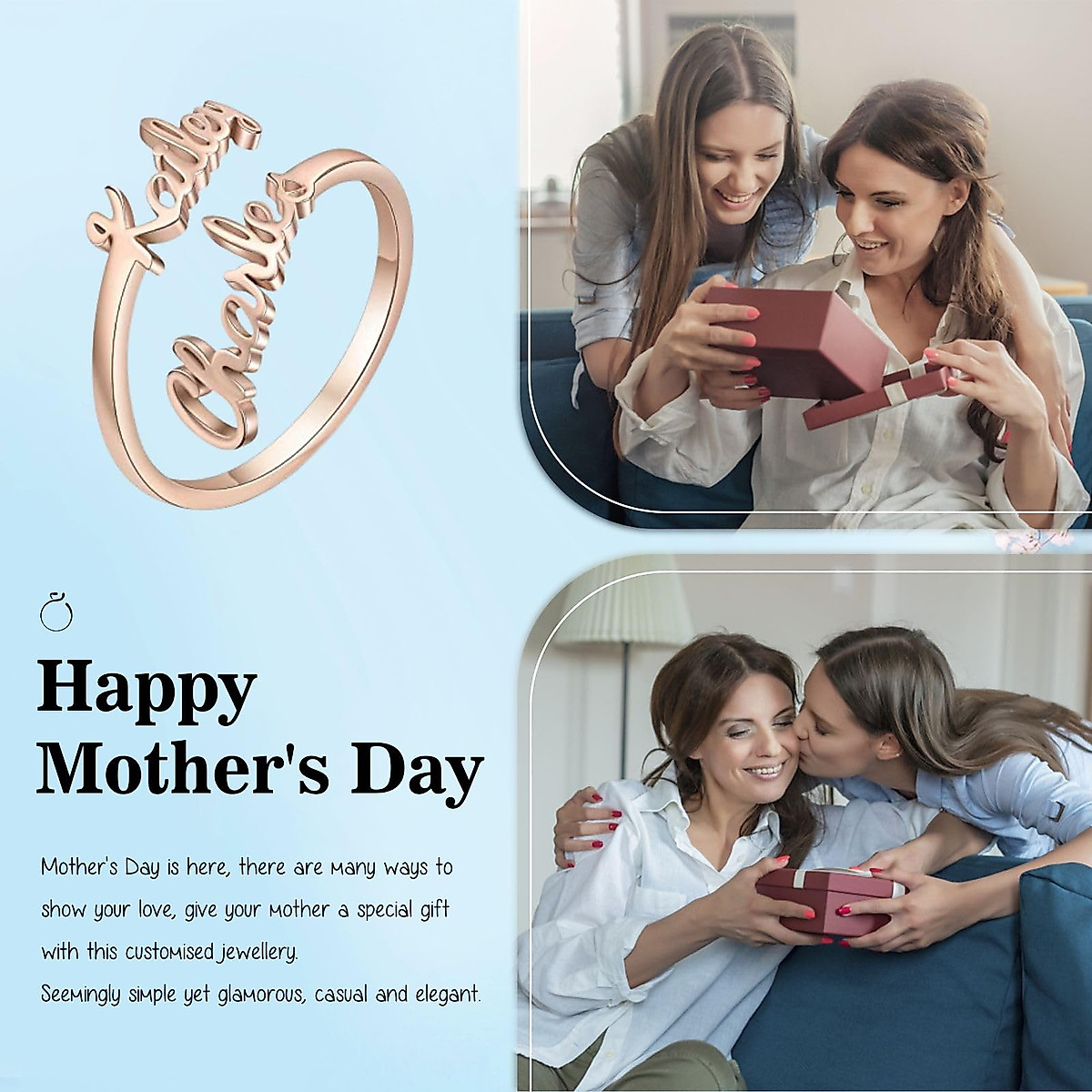 Personalized Name Ring for Women, Custom Adjustable Ring with 2 Names Promise Ring for Her Gift for Women Mother BFF (Rose Gold)