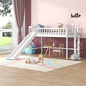 Bellemave Twin Size Low Loft Bed with Slide Wood Junior Loft Beds Frame with Ladder and Guardrails for Kids Boys Girls, White, White With Slide