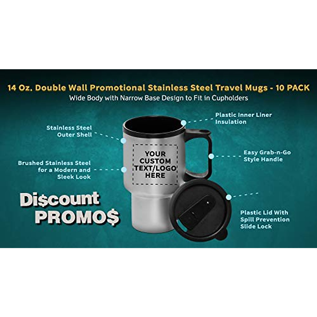 Personalized 14oz Travel Mugs Stainless Steel - 10 Pack - Custom Text, Logo - Stainless Steel