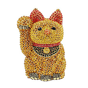 Ladies Luxury-Handbag Rhinestone Evening-Bag Chain Wedding Clutch-Purse Yellow Lucky Cat