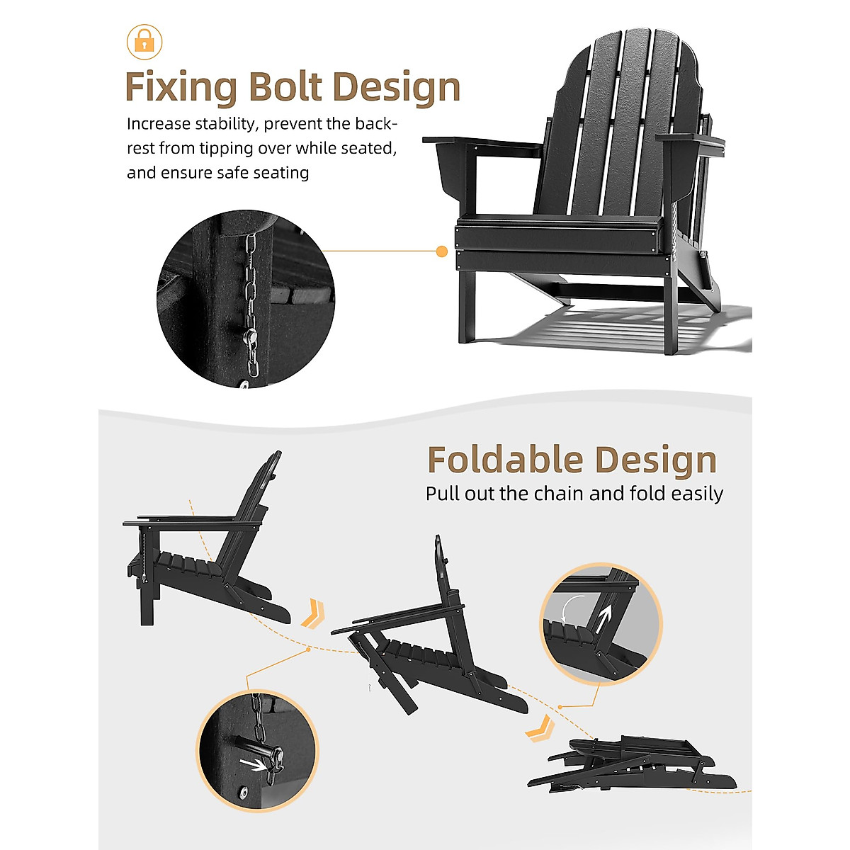 Folding Adirondack Chair - Durable HDPE Poly Lumber All-Weather Resistant, Foldable Oversized Balcony Porch Patio Outdoor Chair for Lawn, Backyard, Deck, Garden, Camping - Easy Installation, Black