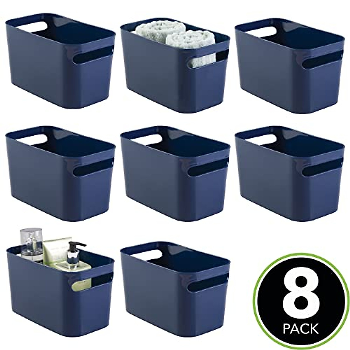 mDesign Deep Plastic Bathroom Vanity Storage Bin with Handles - Organizer for Hand Soap, Body Wash, Shampoo, Lotion, Conditioner, Hand Towel, Hair Brush, Mouthwash - 10" Long, 8 Pack - Navy Blue