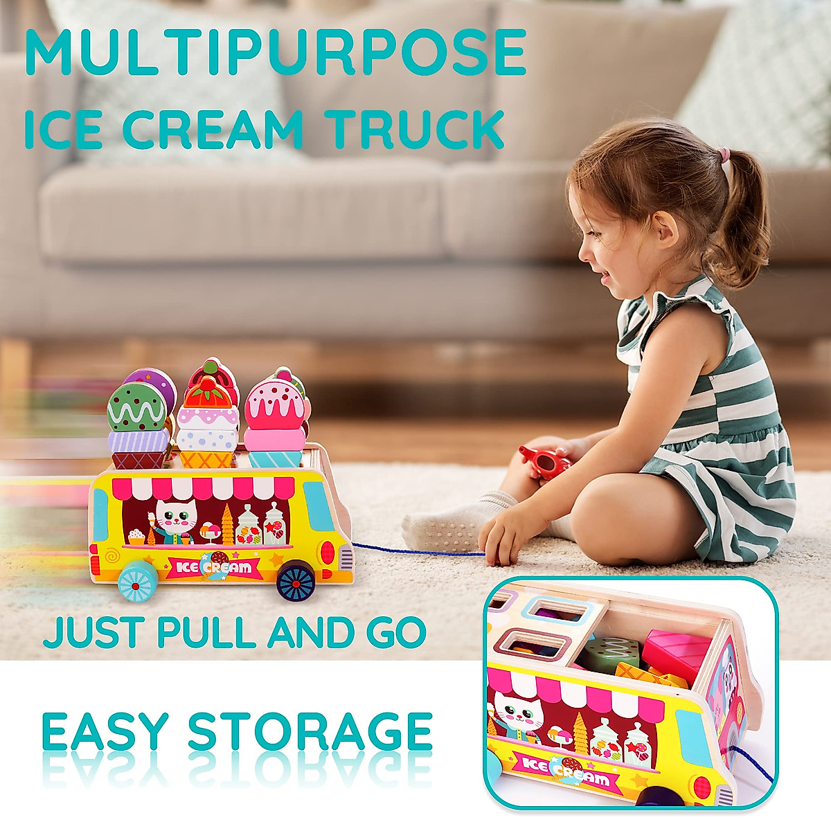 HELLOWOOD Wooden Ice Cream Truck Bundlle with Wooden Lolly Pop Shop, Pretend Play Food Toy
