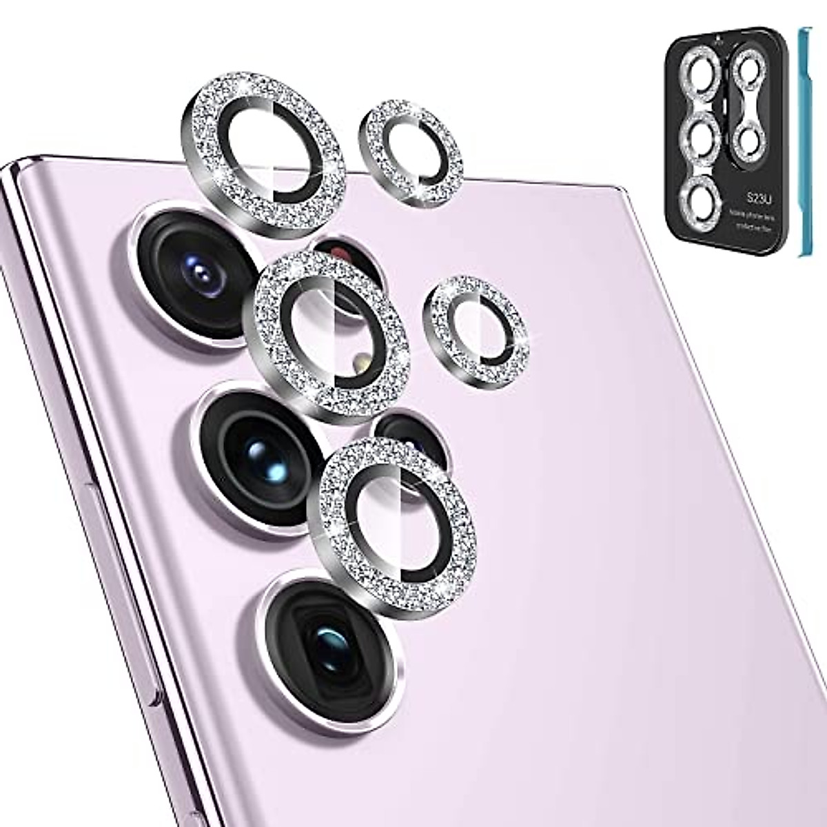 Tensea (3+2PCS) for Samsung Galaxy S23 Ultra 5G Camera Lens Protector, 9H Tempered Glass Camera Cover Screen Protector Metal Individual Ring [Installation Tray][Removal tool][Case Friendly]- Glitter