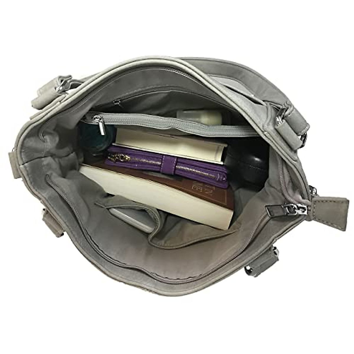 Zzfab Concealed Carry Hobo Bag with Hidden Lock Multi Pockets CCW Tote Bag Grey