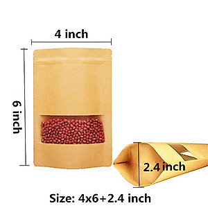 Kraft Paper Bags With Matt Window And Zip Lock Decorative Brown Heavy Duty Heat Seal Recycled Resealable Mylar Stand Up Pouches Bags Sealable For DIY Food Snack Cookies Candy Coffee (4x6+2.4inch)