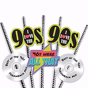 90's Throwback - Paper Straw Decor - 1990s Party Striped Decorative Straws - Set of 24