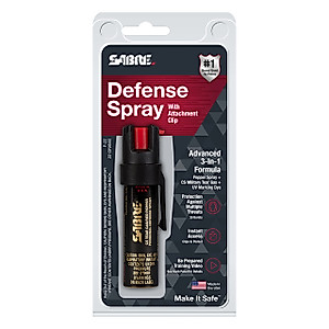 SABRE Advanced Pepper Spray, 3-in-1 Formula Contains Maximum Strength Pepper Spray, CS Military Tear Gas and UV Marking Dye, Compact Belt Clip for Easy Carry and Fast Access, 35 Bursts, 0.67 fl oz