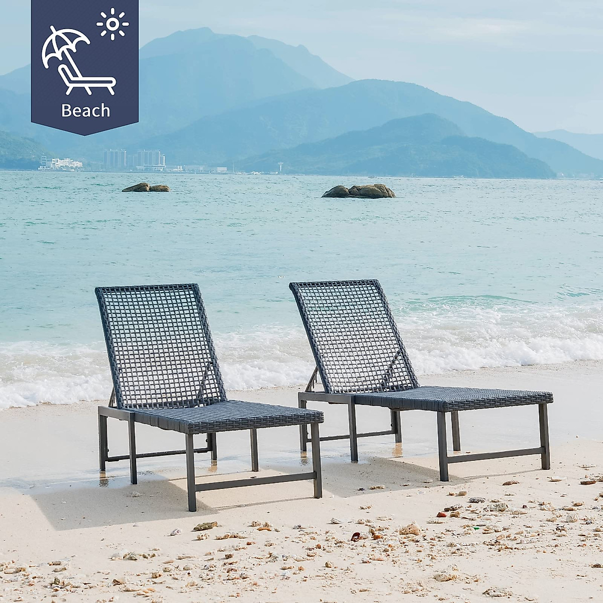 Outdoor Chaise Lounge Chair Set of 2, Rattan Pool Chairs with Adjustable Backrest, Rustproof Aluminum Frame Tanning Chair, for Poolside, Backyard, Lawn, Deck（Dark Grey）