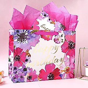 WRAPAHOLIC 13" Large Gift Bag with Card and Tissue Paper - Floral Gold Foil Happy Birthday