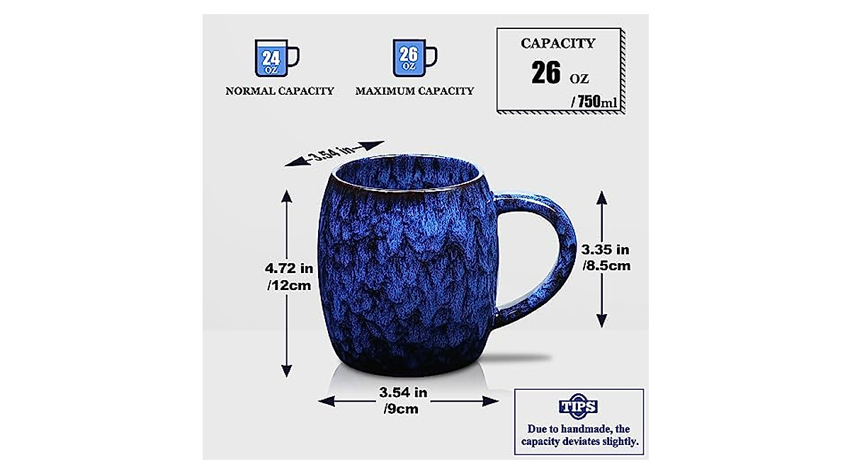 26 Oz Handmade Ceramic Coffee Mug - Unique Deep Blue