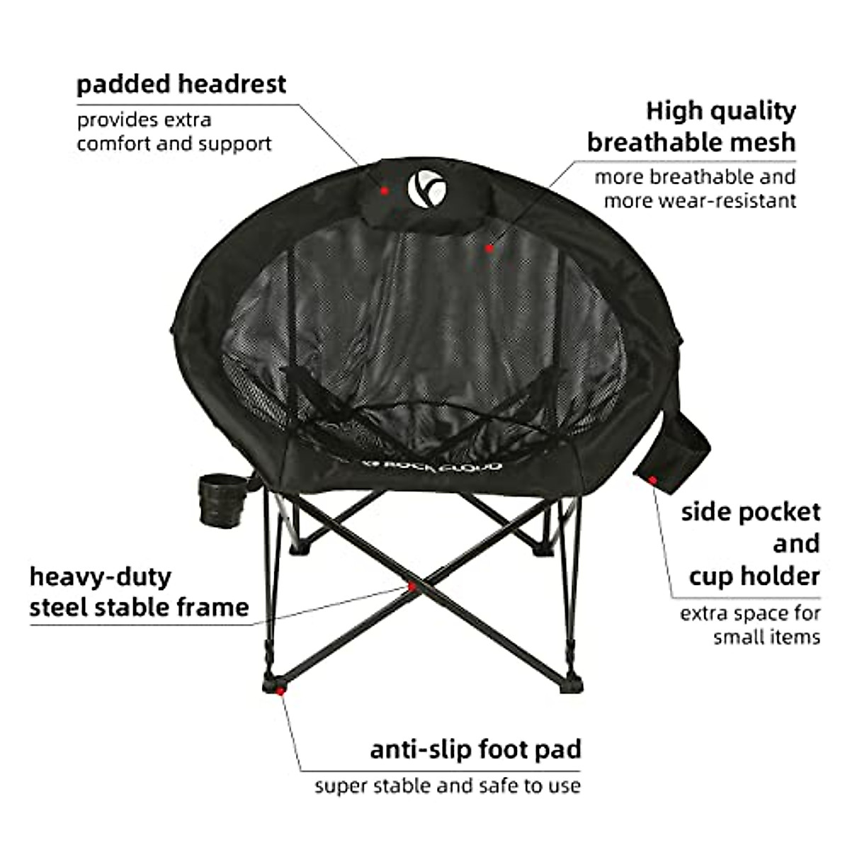 ROCK CLOUD Folding Camping Chair Oversized Padded Moon Round Saucer Chairs Outdoor for Camp Lawn Hiking Fishing Sports, Black