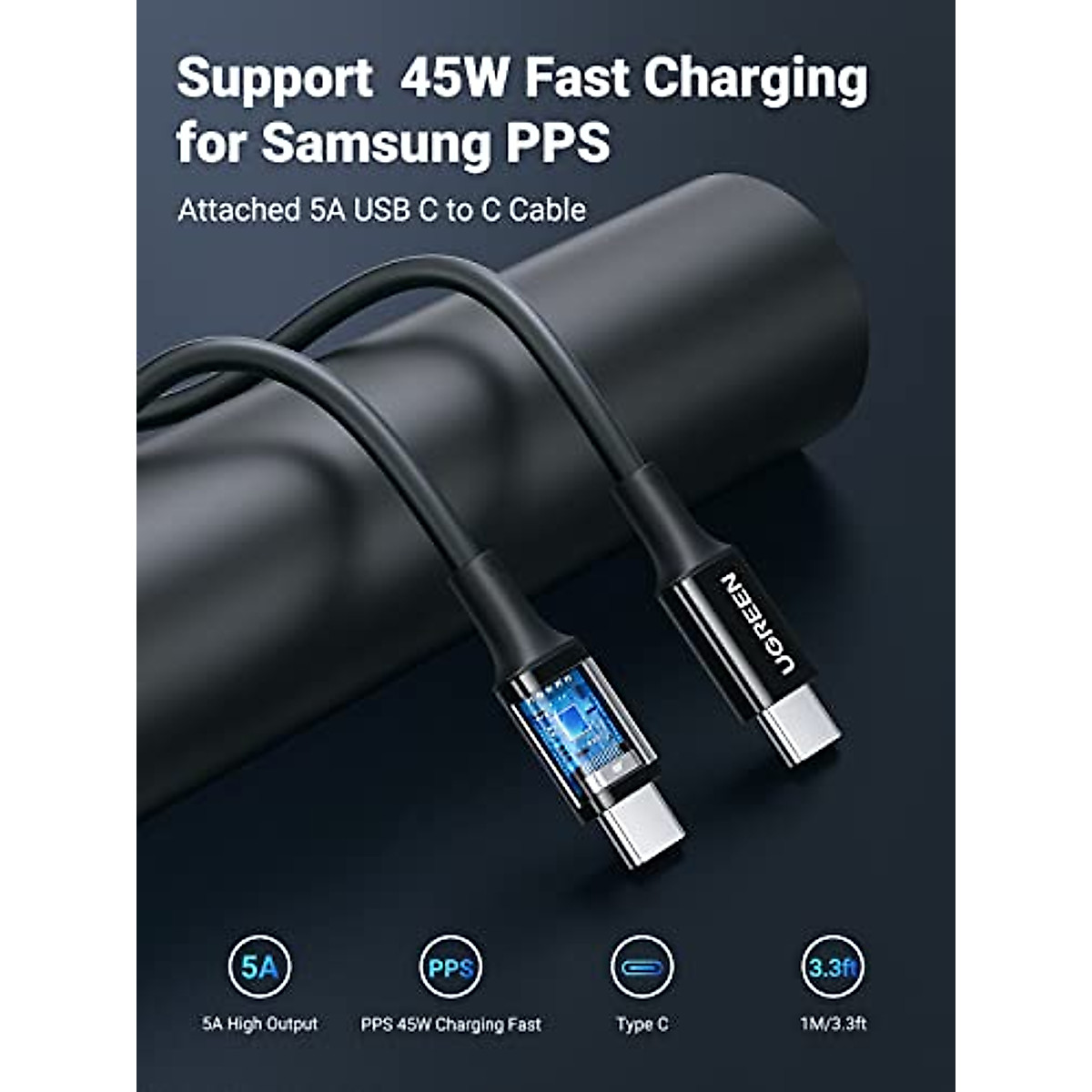 63W USB C Car Charger Adapter, UGREEN PSS 45W Super Fast Charging Type C Car Charger with 3.3FT 5A Cable, Dual USB Car Charger Compatible with Samsung Galaxy S23/S22/S21 Series, iPhone/iPad/MacBook