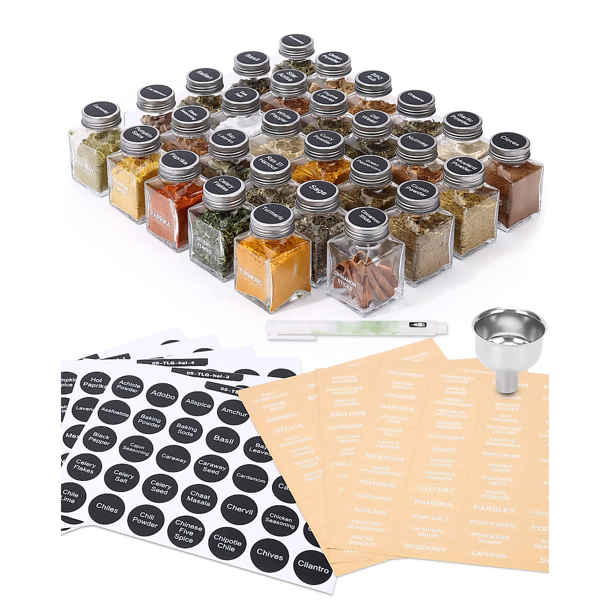 Unique Design Spice Jars with 372 Labels, 29-Pack 4.5 oz Personalized Cubic Clear Glass Spice Jars with Shakers, Lids, Empty Square Reusable Kitchen Spice Storage Containers