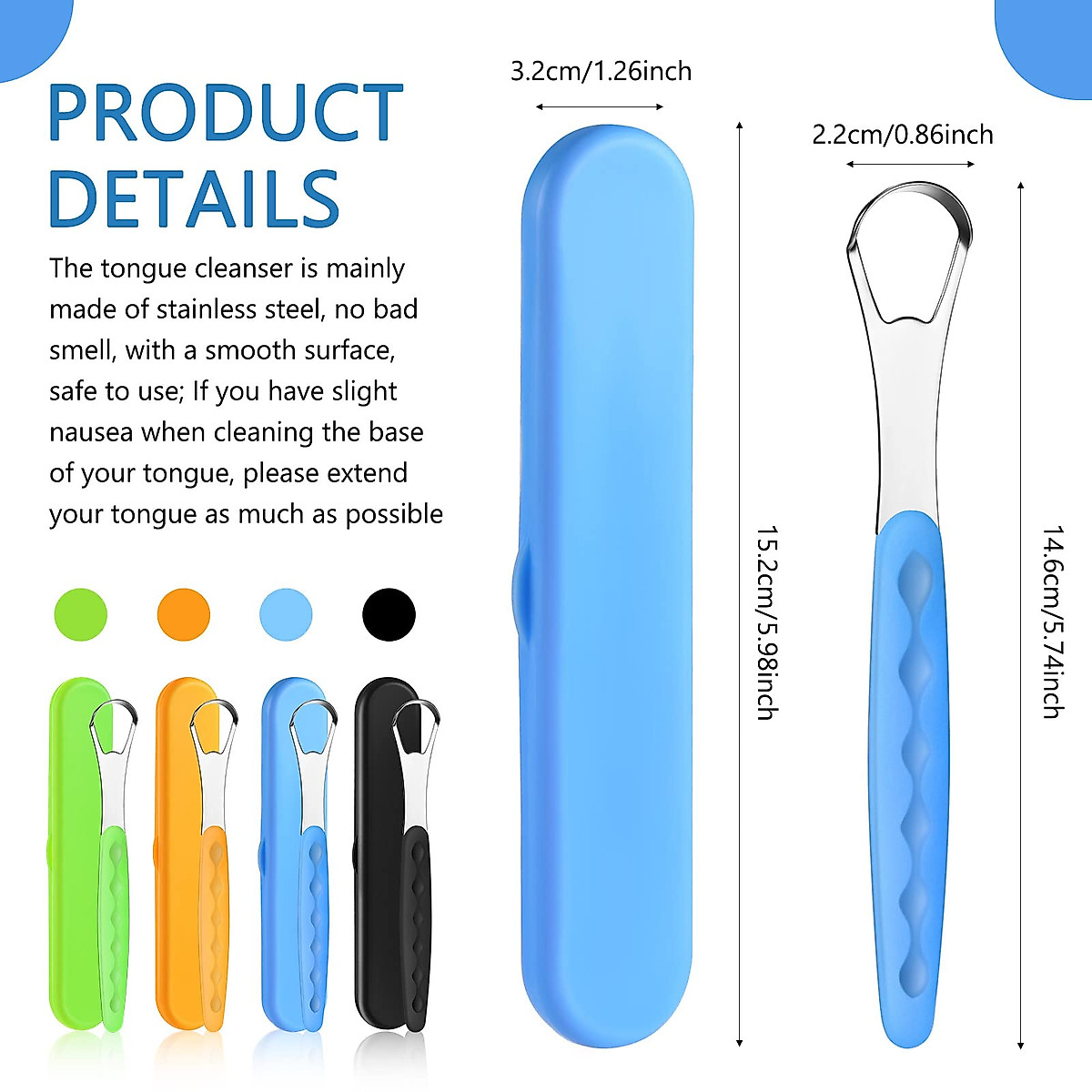 4 Pcs Tongue Scraper Cleaner Adults and Kids Stainless Steel Tongue Brush Metal Tongue Scraper Reduce Bad Breath with Travel Cases for Men Women Oral Mouth, Orange, Black, Green and Blue