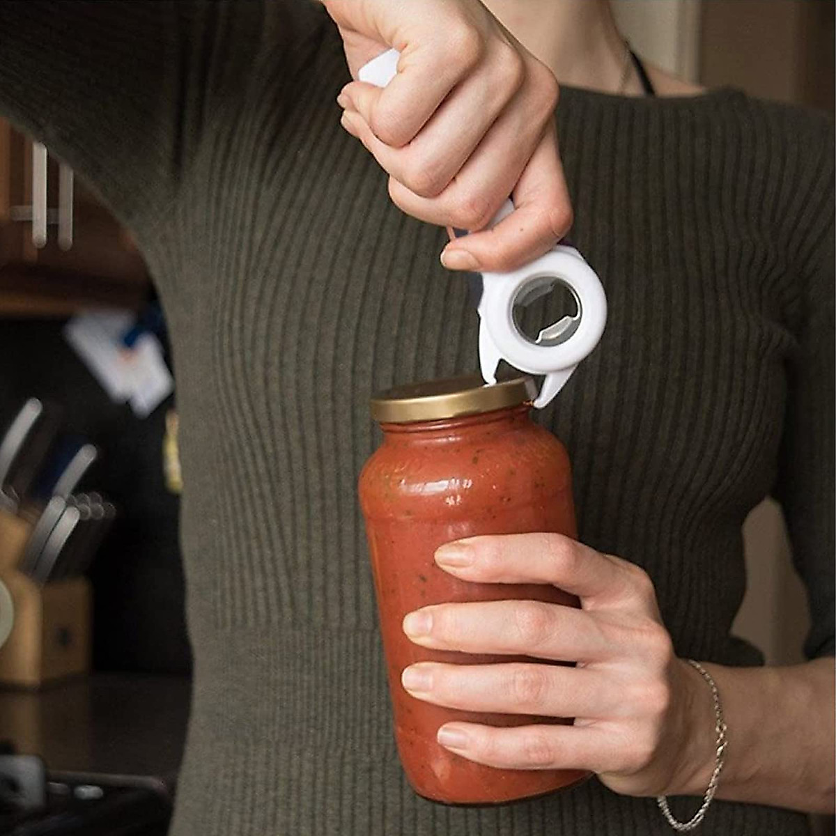 5 in 1 Lids off Bottle Opener, Jar Opener Multifunction Adjustable for 1-4 inches Bottle Can,Waiters Corkscrew, Wood &Steel Wine Opener, Ideal For Women, Kids, Seniors - for Multipurpose Kitchen Tool