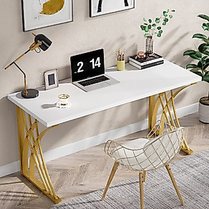 Tribesigns 55’’ Large Modern Computer Desk, White & Gold Luxury Laptop PC Student Table, Makeup Vanity Table with Thick Frame & Strong Legs, Sturdy Writing Workstation for Home & Office