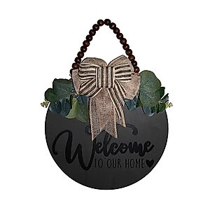 Condorpasea 3D Welcome Sign for Front Door | Home/Farmhouse Porch Décor Wooden Hanging Sign with Artificial Leaves and Rustic Beads | Christmas Classroom |12" Round