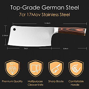 Lilymeche Concept Meat Cleaver Knife(7 Inch-7CR17MOV) Stainless Steel Professional Butcher Knife, Ergonomic Pakkawood Handle Heavy Duty Blade with 7" Knife Sharpener