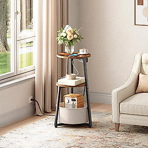 HOOBRO Small Round Side Table with Charging Station, Round End Accent Table with Fabric Storage Basket, Compact Sofa Bedside Table for Small Space in Living Room, Bedroom, Rustic Brown BF169UBZ01