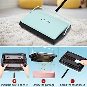 DALIPER Carpet Sweeper Broom Non Electric with Horsehair Roller, Electrostatic Floor Brush Manual Push for Cleaning Pet Hair, Loose Debris, Lint on Rug (Avocado Green)