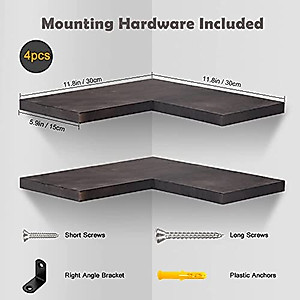 Natural Wood Set of 4 Wall Mount Bathroom Corner Shelves floating Corner Wall Shelf L-shaped Floating Corner Shelves for Bedroom Kitchen Office Livingroom Rustic Corner Display Shelf Carbonized Black