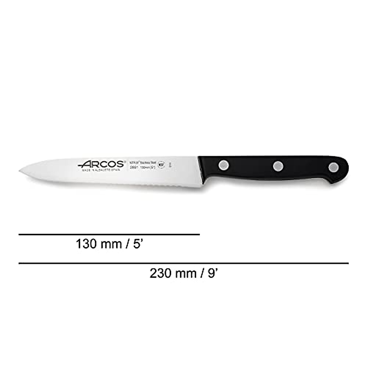 ARCOS Paring Knife 5 Inch Stainless Steel. Serrated Tomato Knife for Cutting and Chopping. Ergonomic Polyoxymethylene Handle and 130mm Blade. Series Universal. Color Black