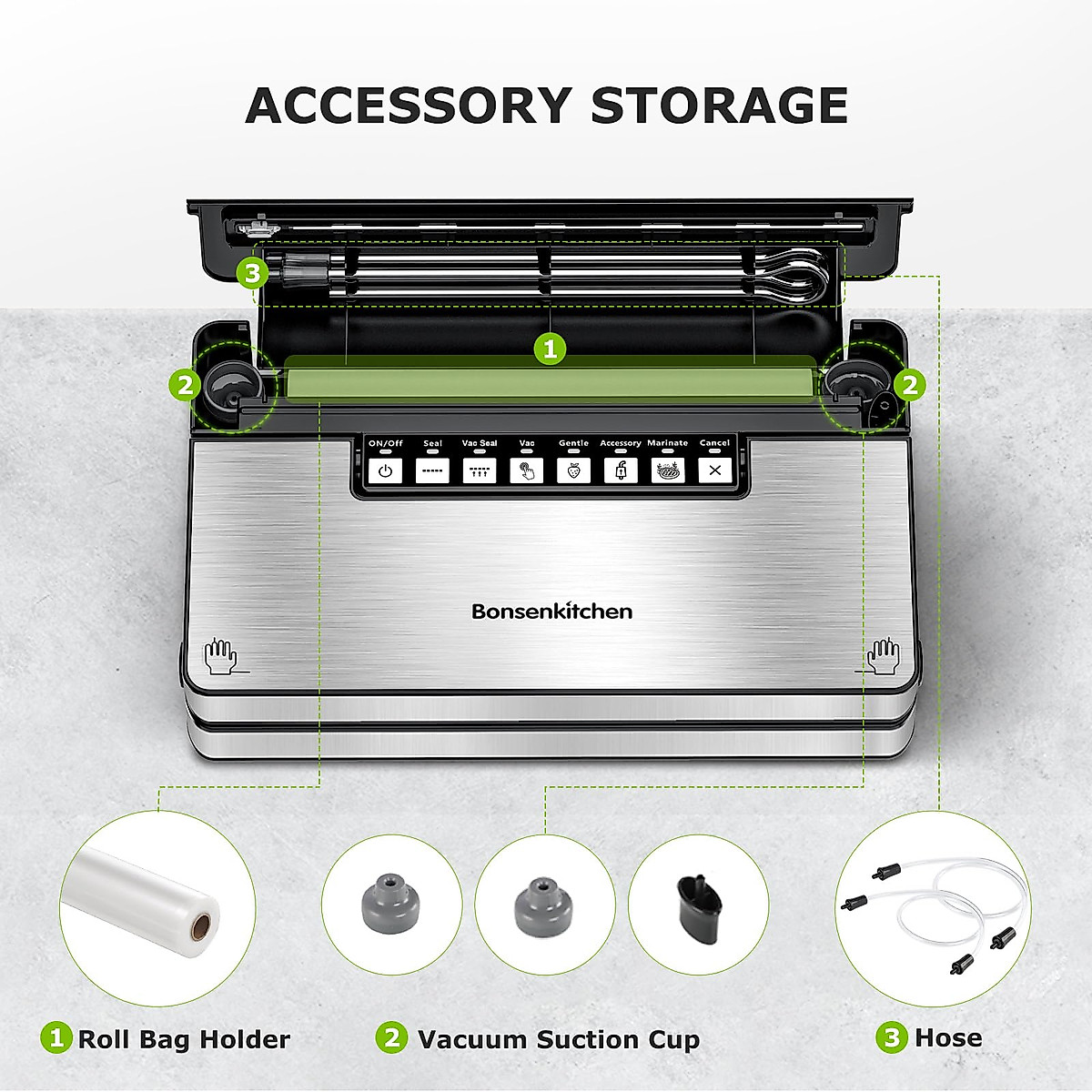 Bonsenkitchen Vacuum Sealer Machine, Stainless Steel Vacuum Food Sealer with 8-in-1 Vacuum Sealing System, 6 Food Vacuum Modes, Built-in Cutter and Bag Storage, Fully Starter Kits (Bright Silver)