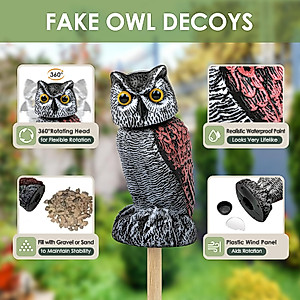 SETCADE Owl Decoy to Scare Birds Squirrels Away, Rotating Head Plastic Fake Garden Owl Statue, Halloween Decorations Outdoor, Owl Scarecrow Bird Deterrents for Outside Garden Orchard Courtyard 2 Pack