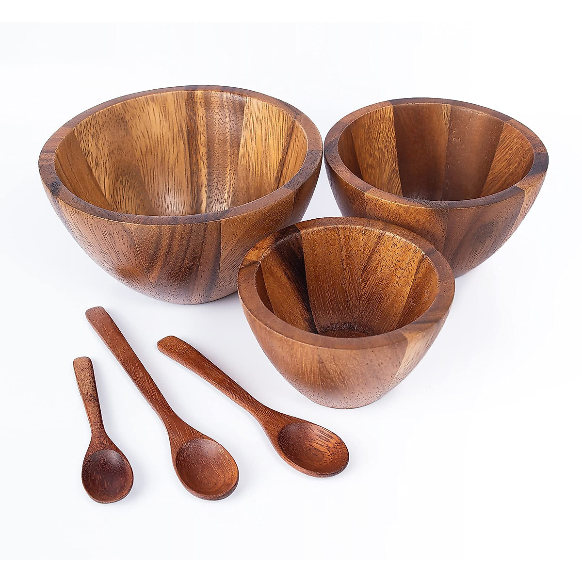 Tiny Nesting Round Wood Bowls Mix Size Stackable Acacia Wooden Bowl Set with Dia 4", 5", and 6" with 3 spoons for serving salad, fruit, dip sauce, salsa, snack, rice, pasta, cereal, Decor Nest Dish
