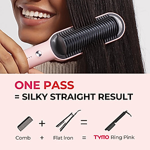 TYMO Ring Pink Hair Straightener Brush – Hair Straightening Iron with Built-in Comb, 20s Fast Heating & 5 Temp Settings & Anti-Scald, Perfect for Professional Salon at Home