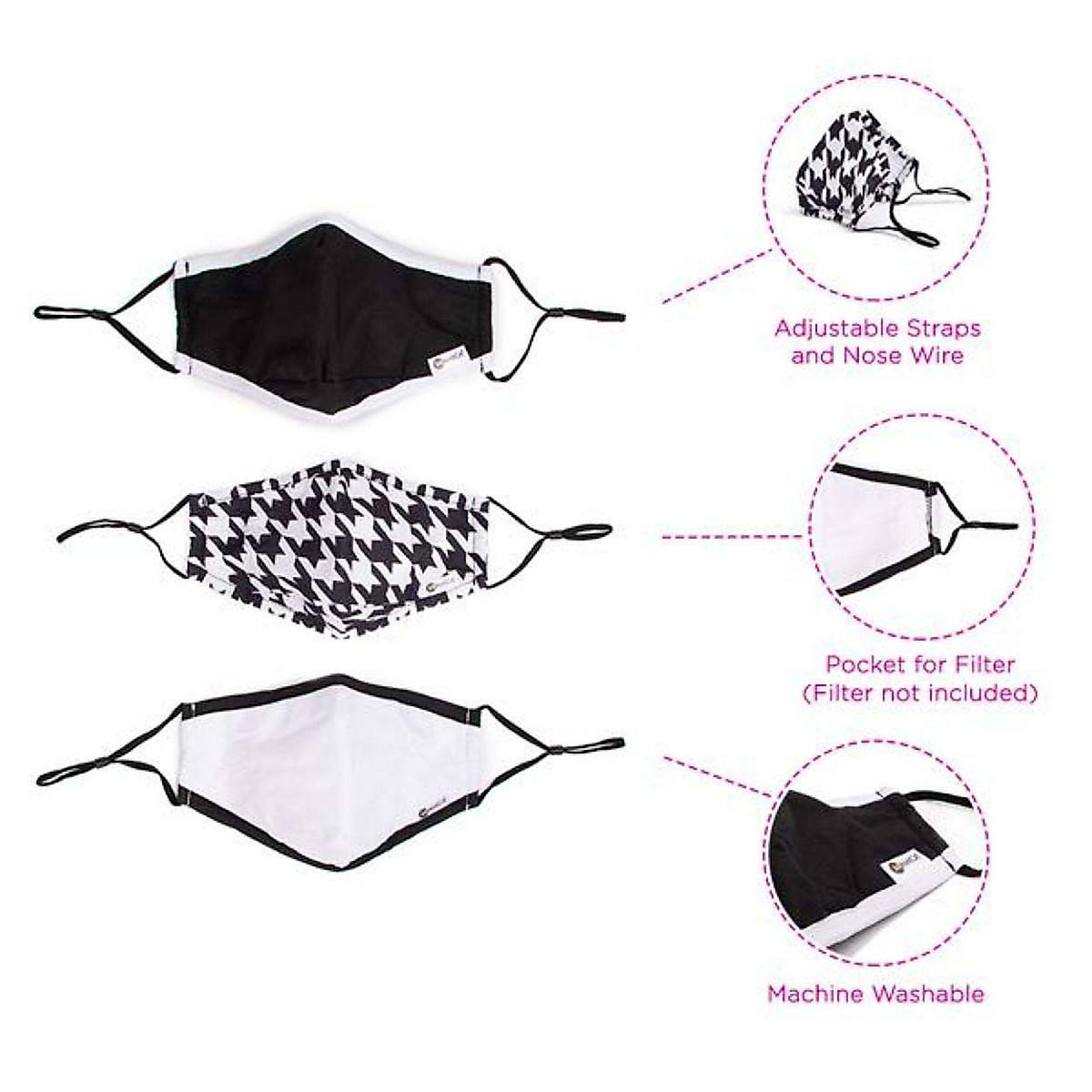 MIAMICA 3 Fashion Cloth Face Mask Nose Wire Cotton Breathable Double Layer Machine Washable Reusable Adjustable Ear Strap Inner Pocket for Removable Filter - Houndstooth, Black, White