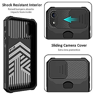 Nvollnoe for iPhone XR Case with Sliding Camera Cover and Card Holder Heavy Duty Protective iPhone XR Case with Ring Magnetic Kickstand Phone Case for iPhone XR 6.1''(Black)
