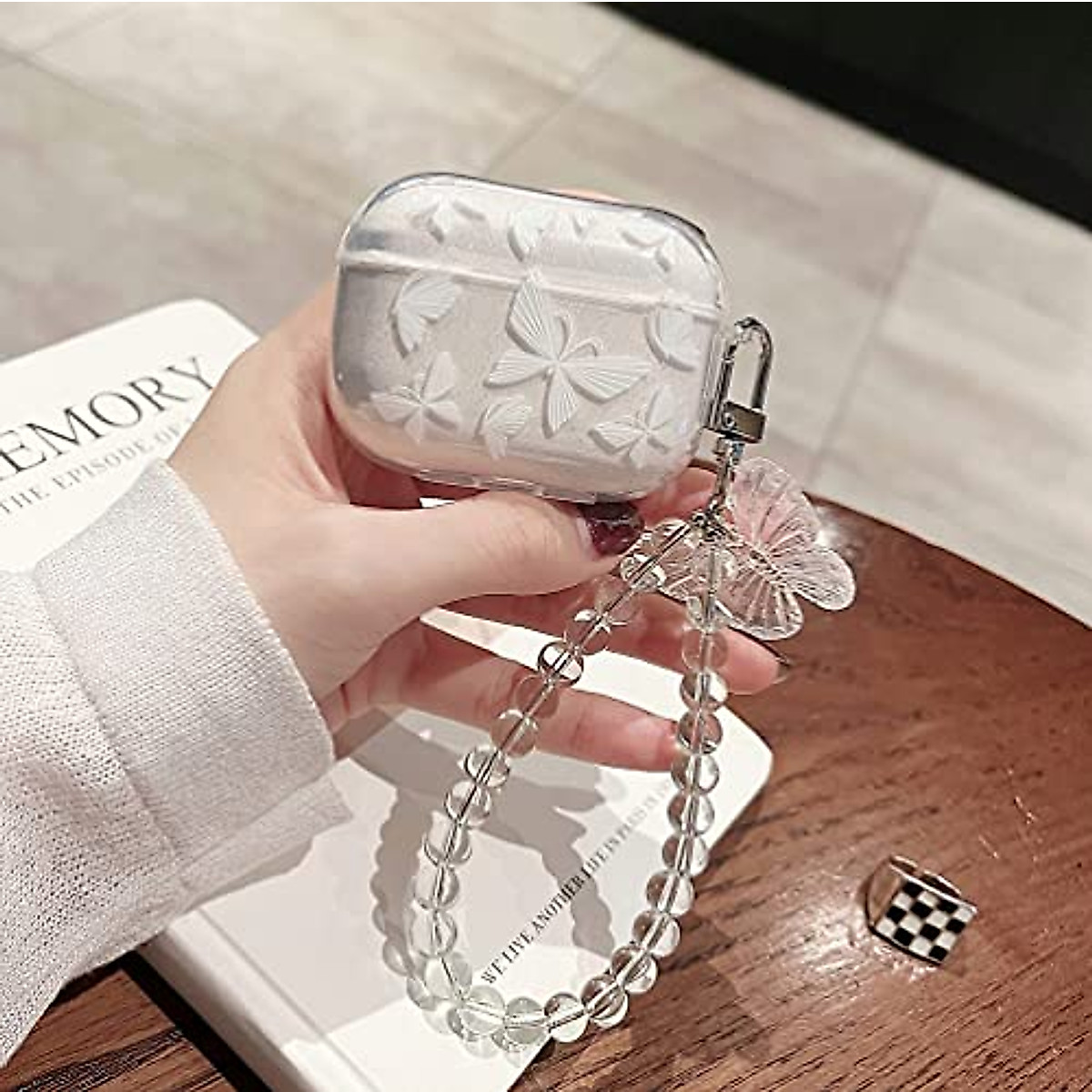 MINSCOSE Cute Airpod pro Clear Case with Keychain, Bling Glitter Butterfly Pattern Design Soft Silicone Smooth Shockproof Charging Case for Girls Women