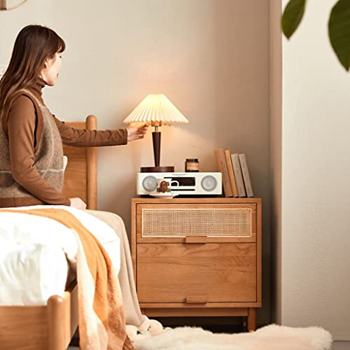 Nightstand, End Table with 2 Drawers, Modern Bed Side Table, All Solid Wood Bedside Table,Brass Decorative Cabinet Legs