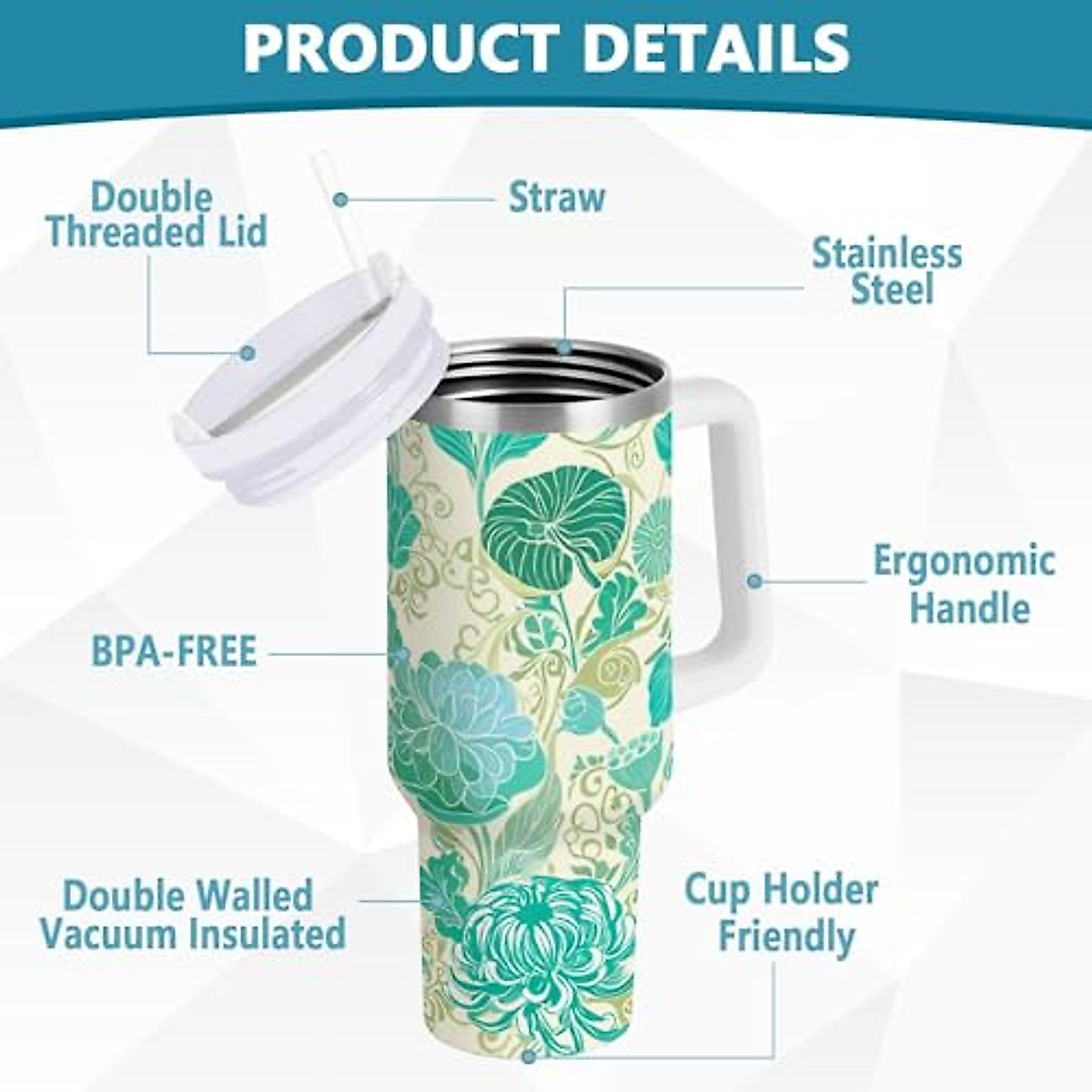 Vacuum Insulated Tumbler 30 Oz with Handle and Straw Lid, Retro Teal Floral